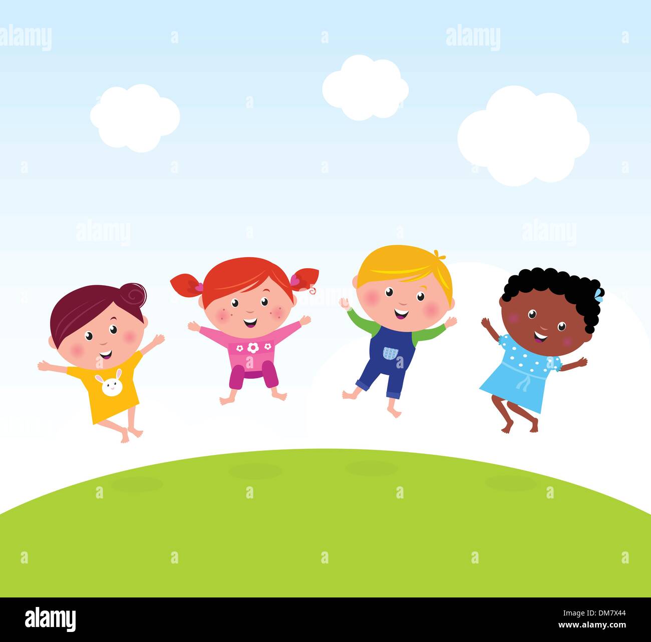 Happy group of multicultural kids jumping on summer meadow Stock Vector ...