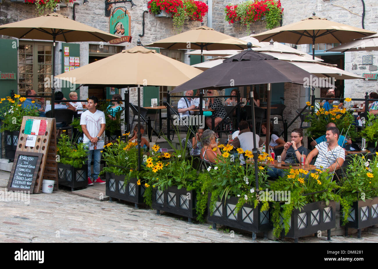 Terraces of restaurants Old Quebec City Canada Stock Photo - Alamy