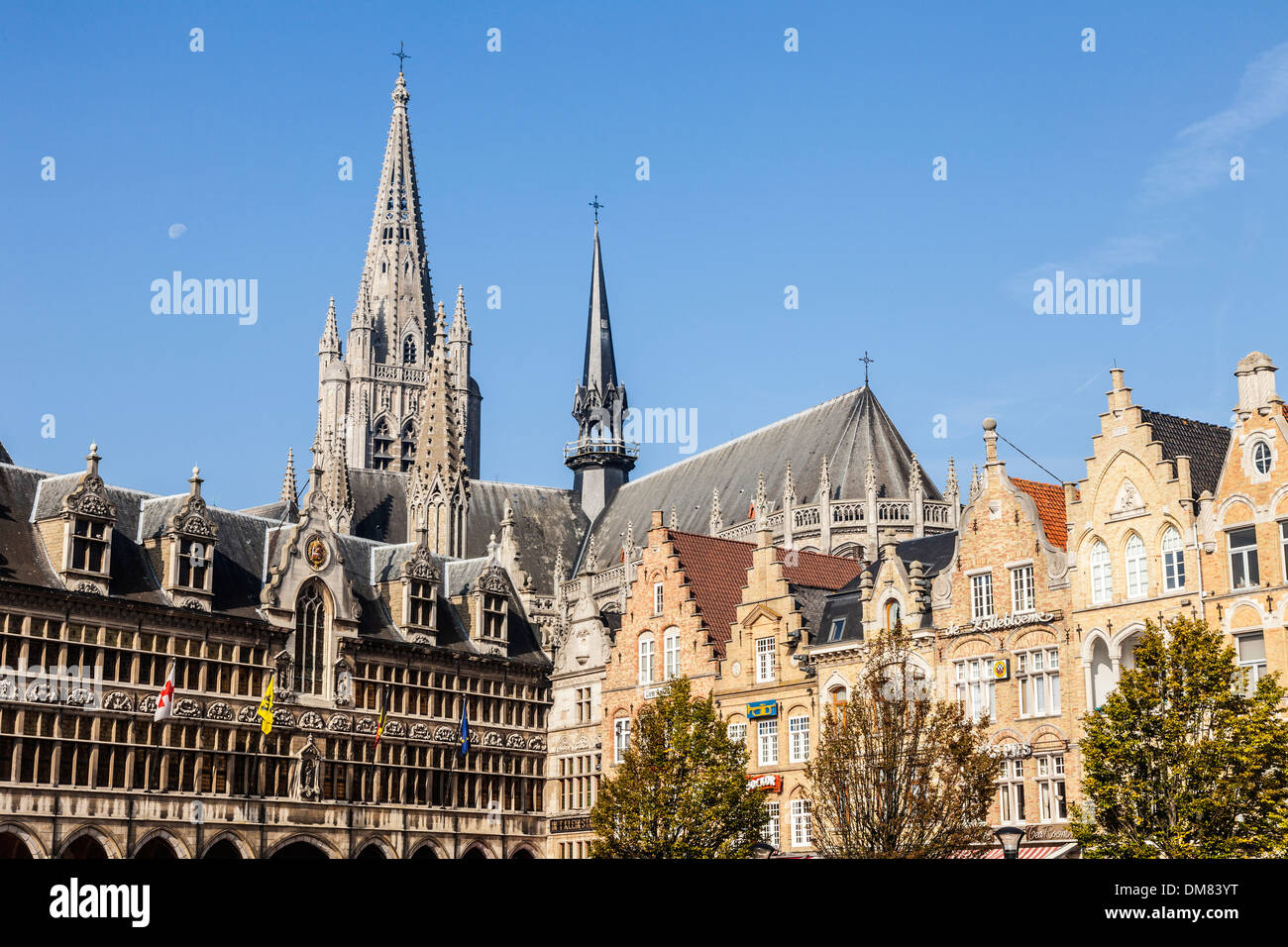 Buildings and architecture of the old town of Ypres in Grote Markt ...