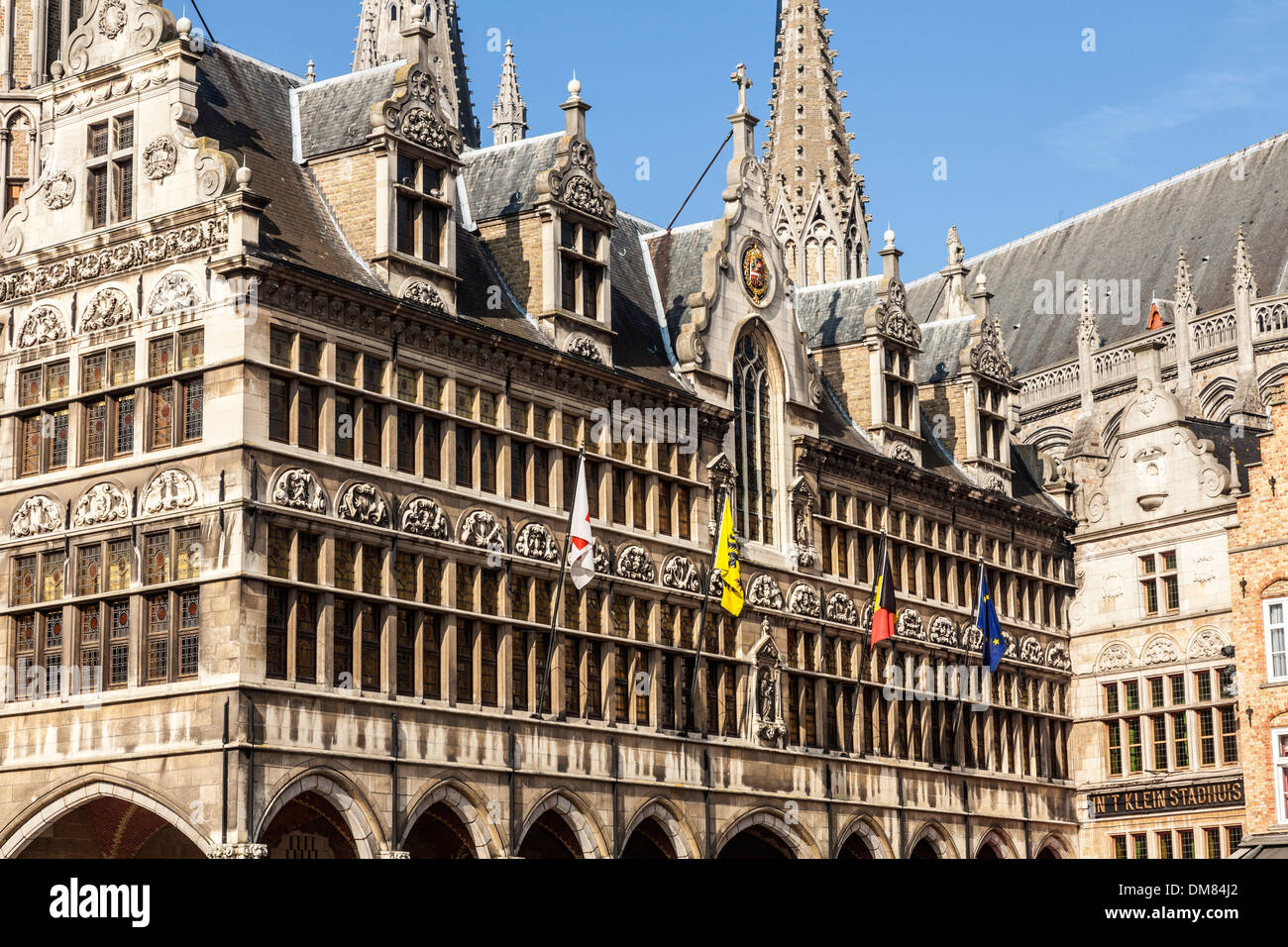 Buildings and architecture of the old town of Ypres in Grote Markt ...