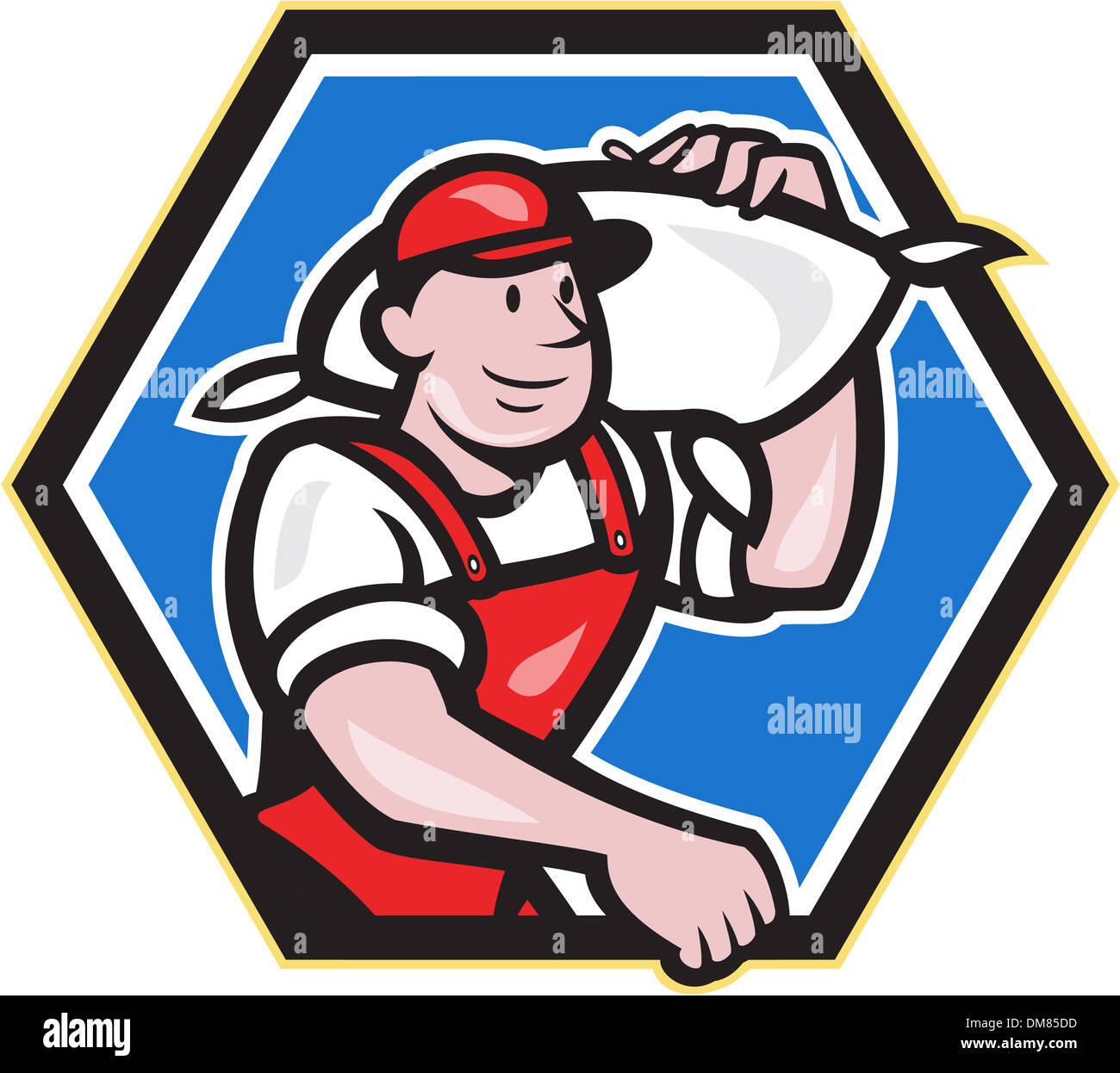 Illustration of a flour miller worker wearing apron bib carrying flour ...