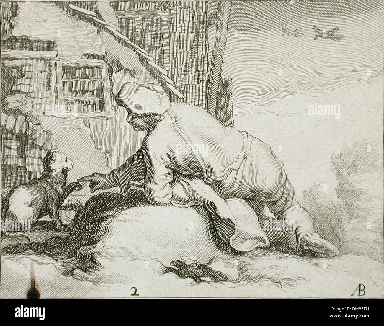 This artwork depicts a peasant interacting with a cat, a scene ...