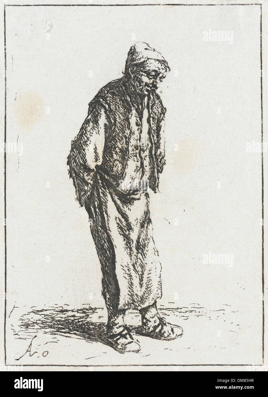 This artwork portrays a peasant with his hands behind his back, a ...