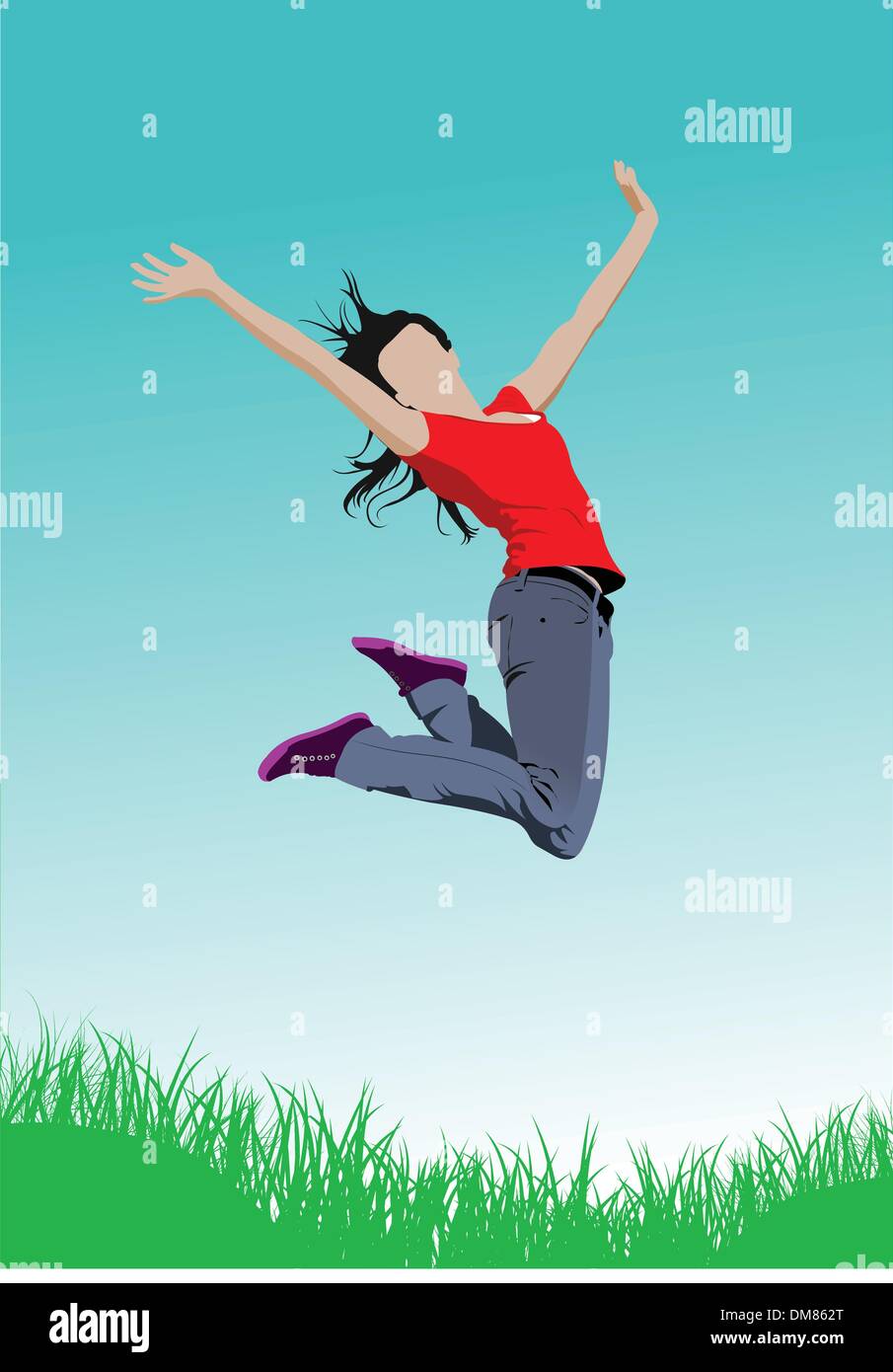 Country sunrise with jumping girl image. Vector illustration Stock ...