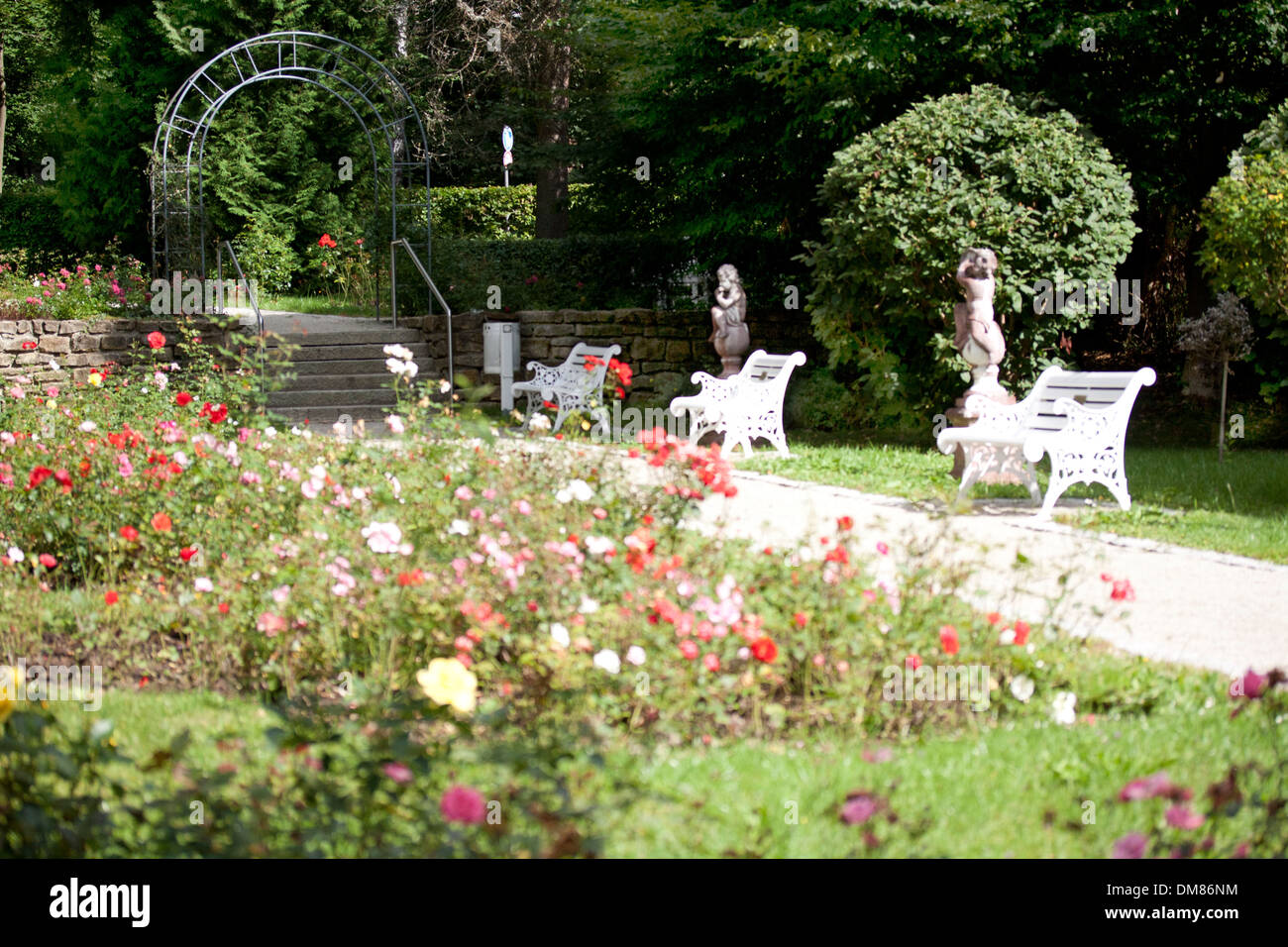 park with flowers, trees, bench and way Stock Photo - Alamy