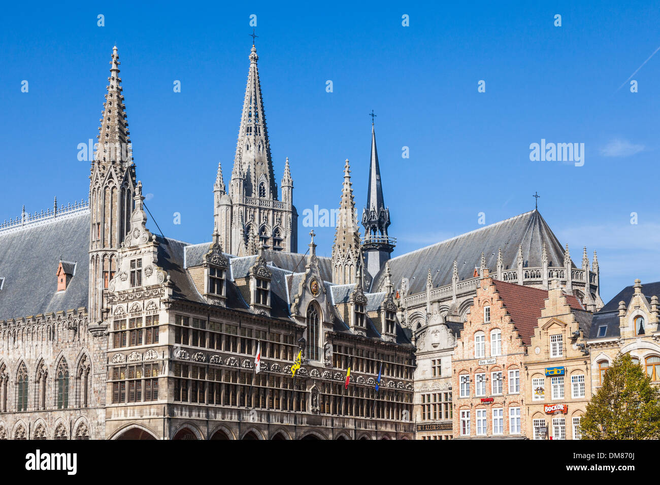 Buildings and architecture of the old town of Ypres in Grote Markt ...