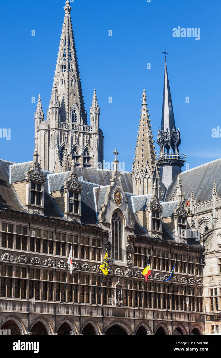 Buildings and architecture of the old town of Ypres in Grote Markt ...