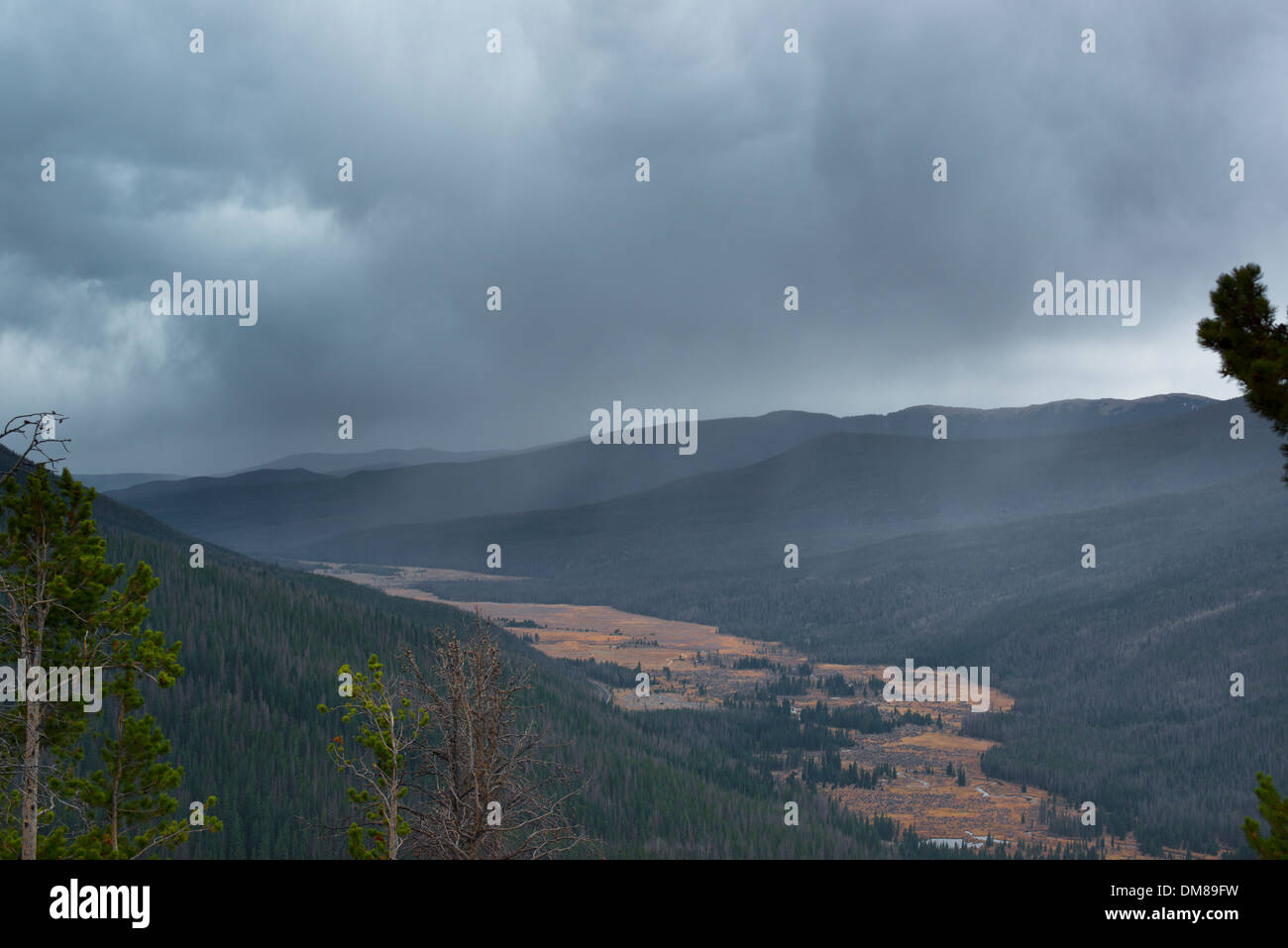 Valley with a river running in between two mountain ranges Stock Photo ...
