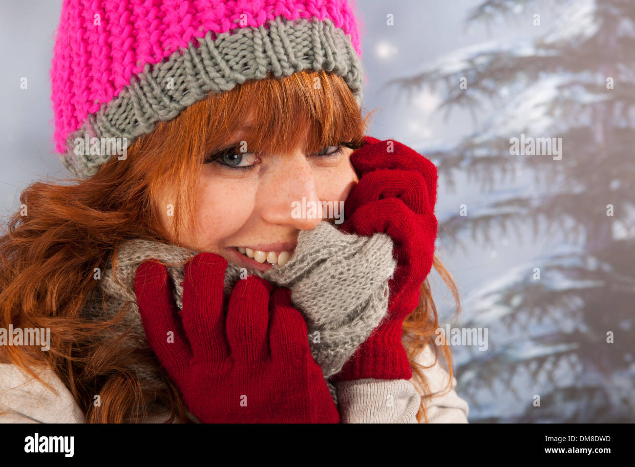 Portrait of woman in winter with snow Stock Photo - Alamy