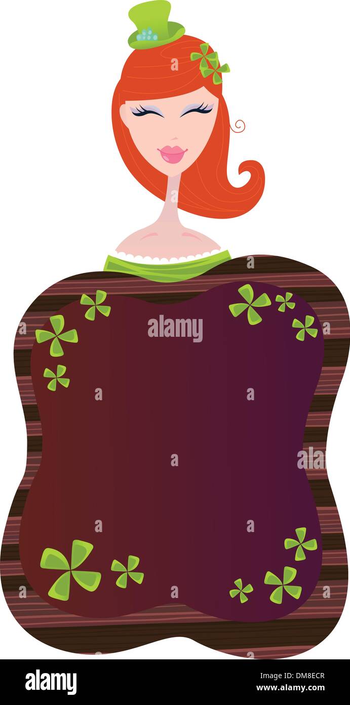 St. Patrick's Day label with four leaf clovers and girl Stock Vector ...