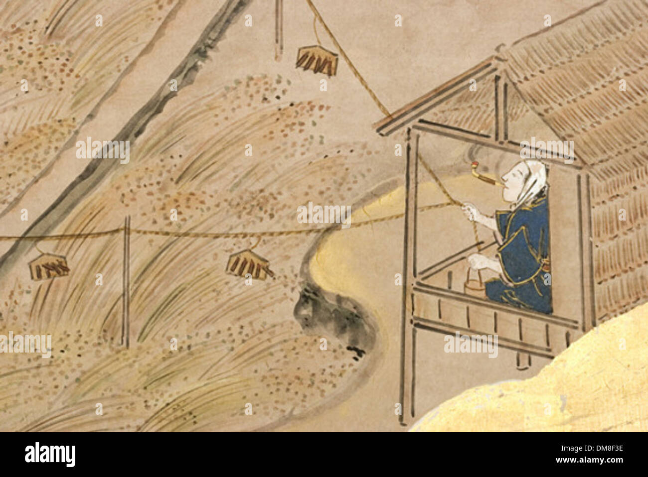 This artwork illustrates the process of rice cultivation through the ...