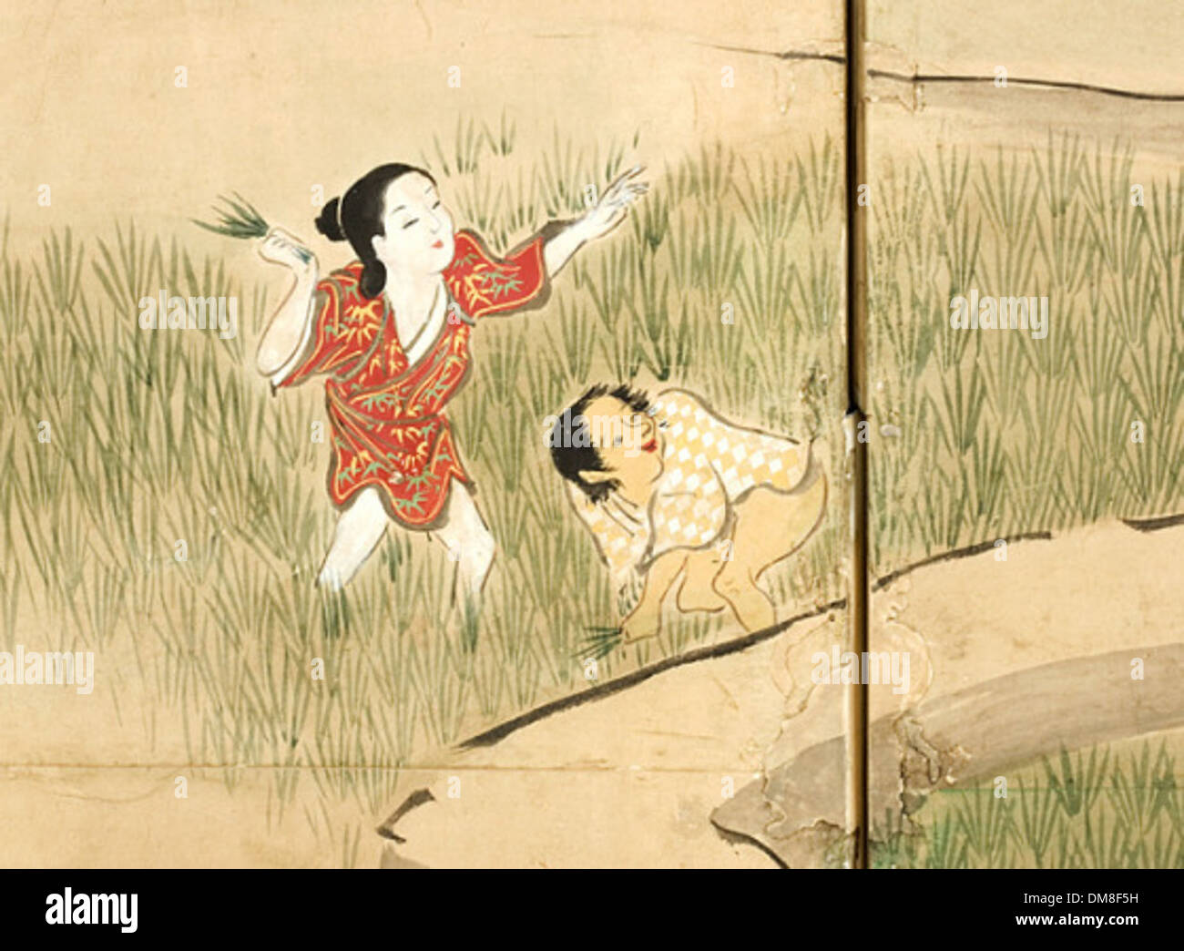 This artwork illustrates the seasonal cycle of rice cultivation ...