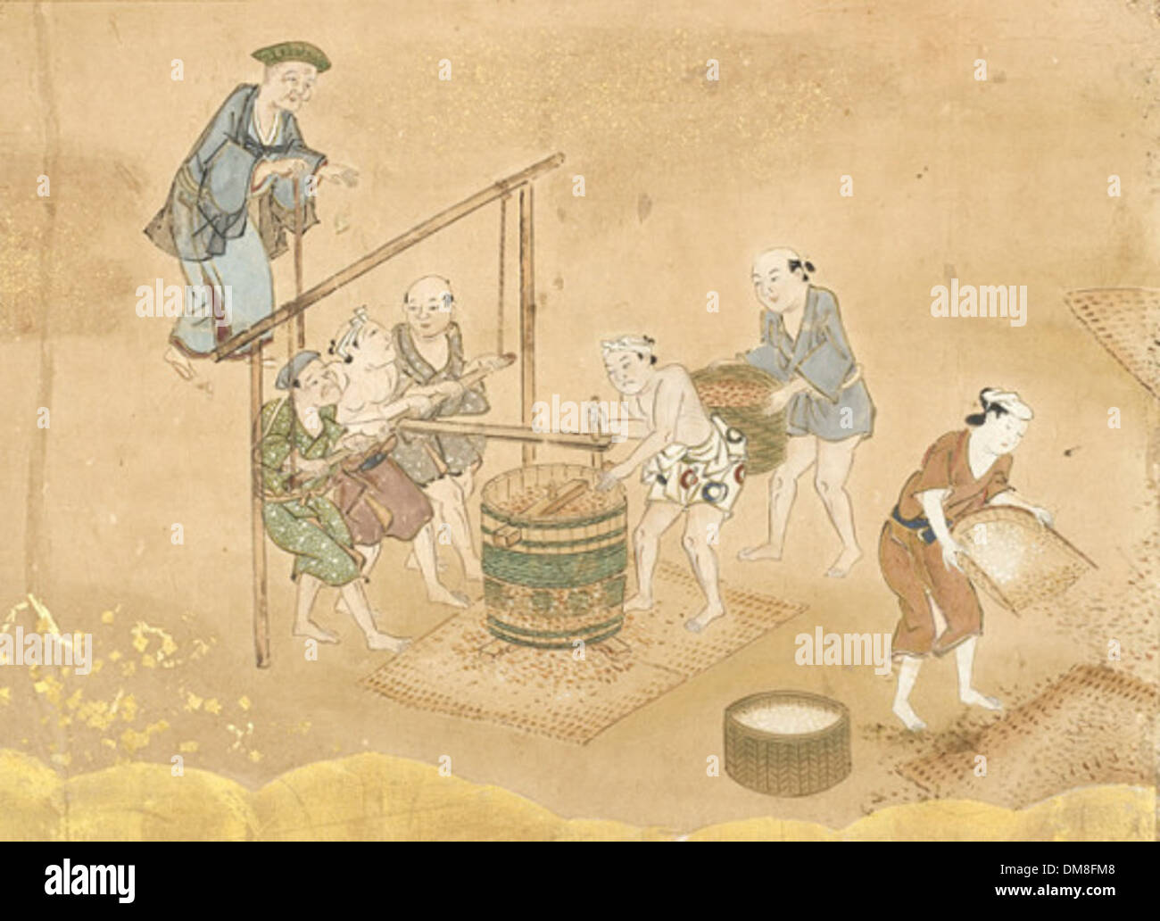 This artwork depicts the seasonal cycle of rice cultivation ...
