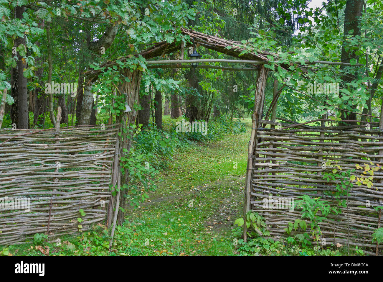 wooden gate and wicker fence in the forest Stock Photo - Alamy