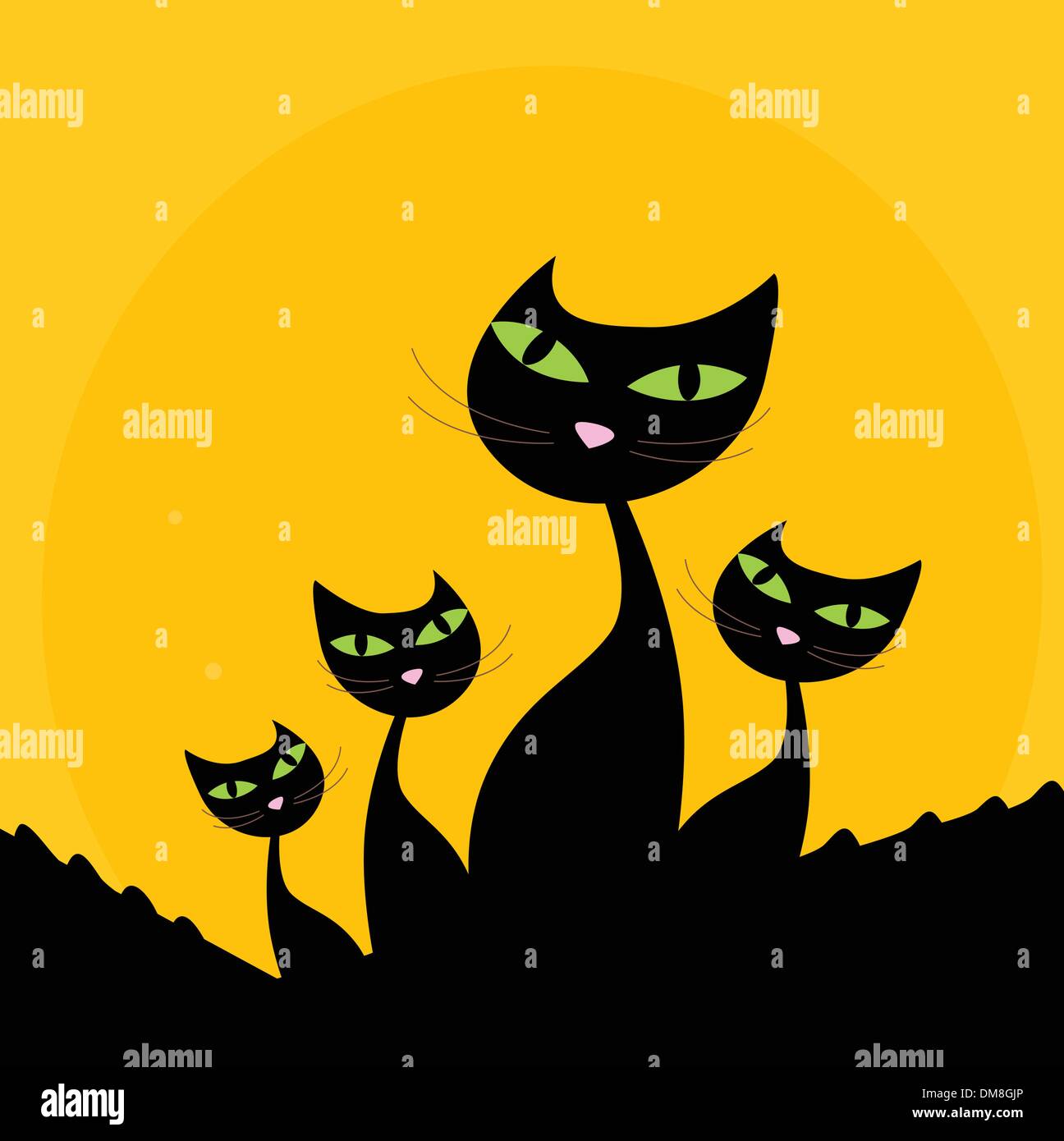 Cat family - black silhouette on orange background Stock Vector Image ...