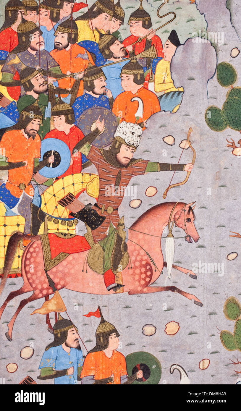 This artwork depicts the legendary Persian hero Rustam as he shoots ...