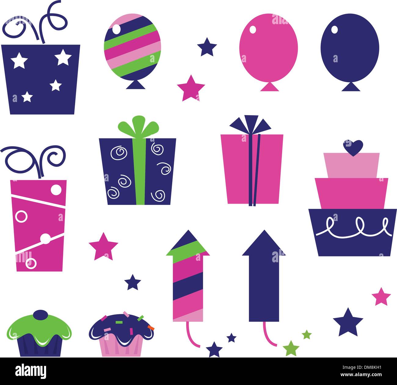 Birthday party icons and elements isolated on white - pink, blue Stock ...