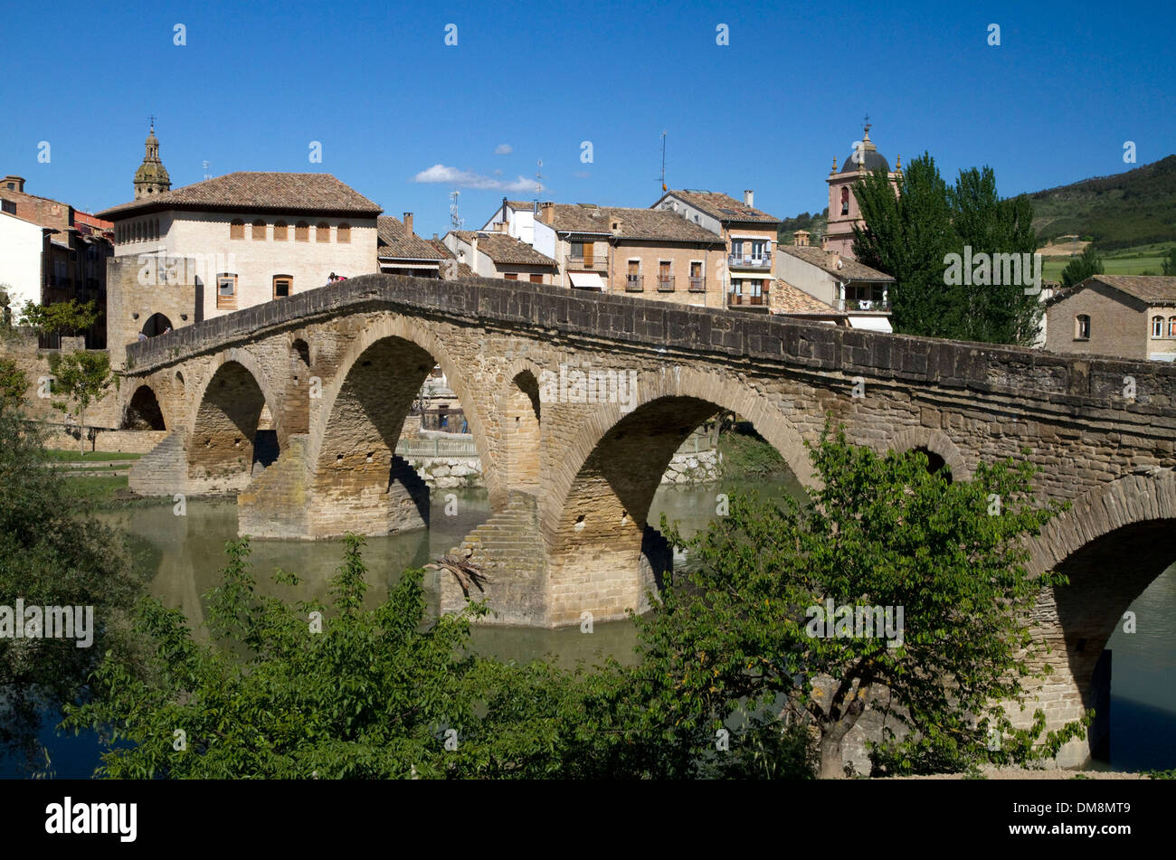 Six-arched Roman bridge spanning the Arga River on the Way of St. James ...