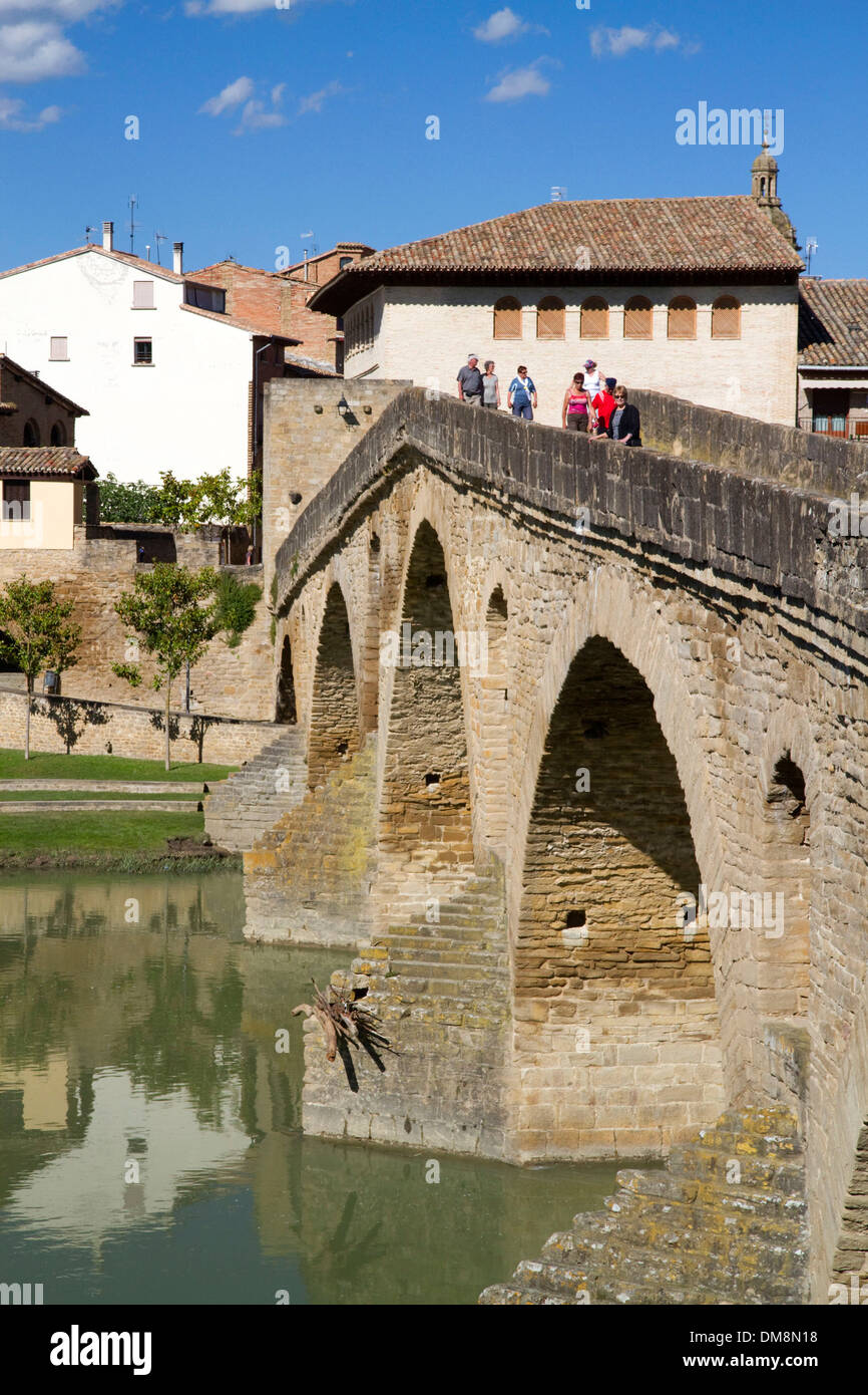 Six-arched Roman bridge spanning the Arga River on the Way of St. James ...