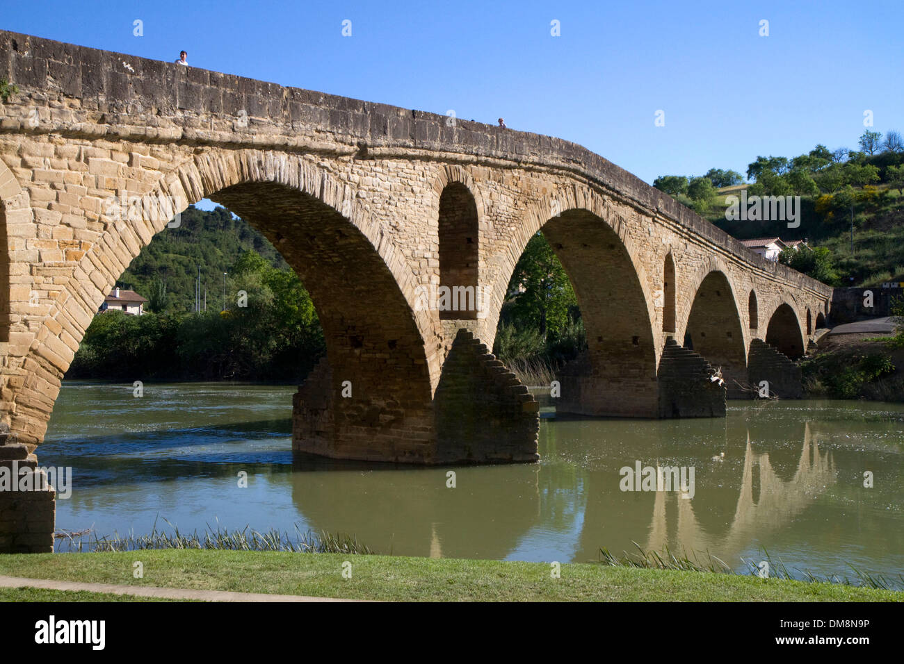 Six-arched Roman bridge spanning the Arga River on the Way of St. James ...
