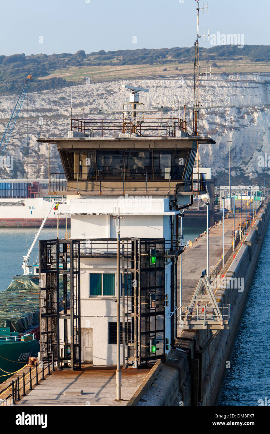 Shipping control tower on the breakwater at the Port of Dover, Dover ...
