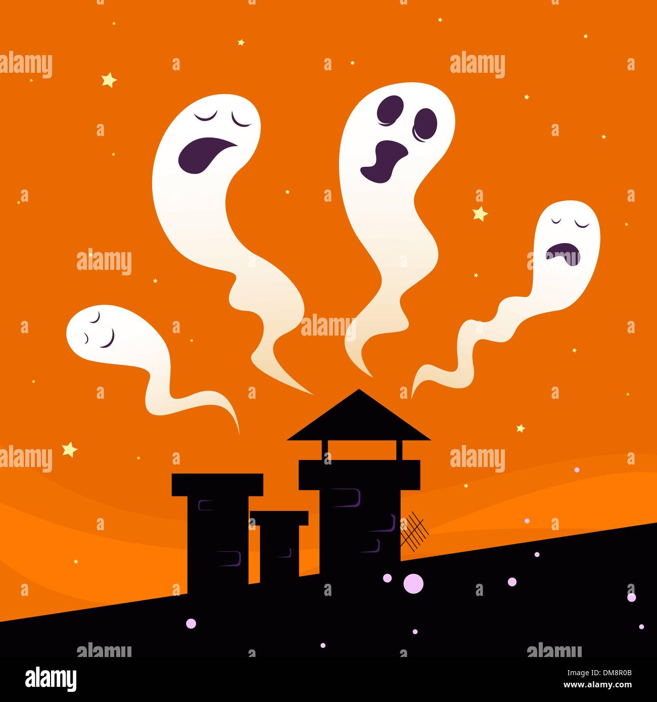 Halloween night: Spooky ghost characters isolated on orange background ...