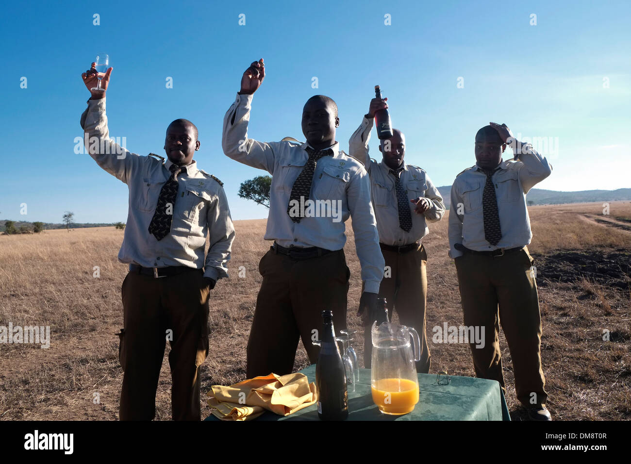 Hot air balloon staff toasting glass of champagne after landing in the ...