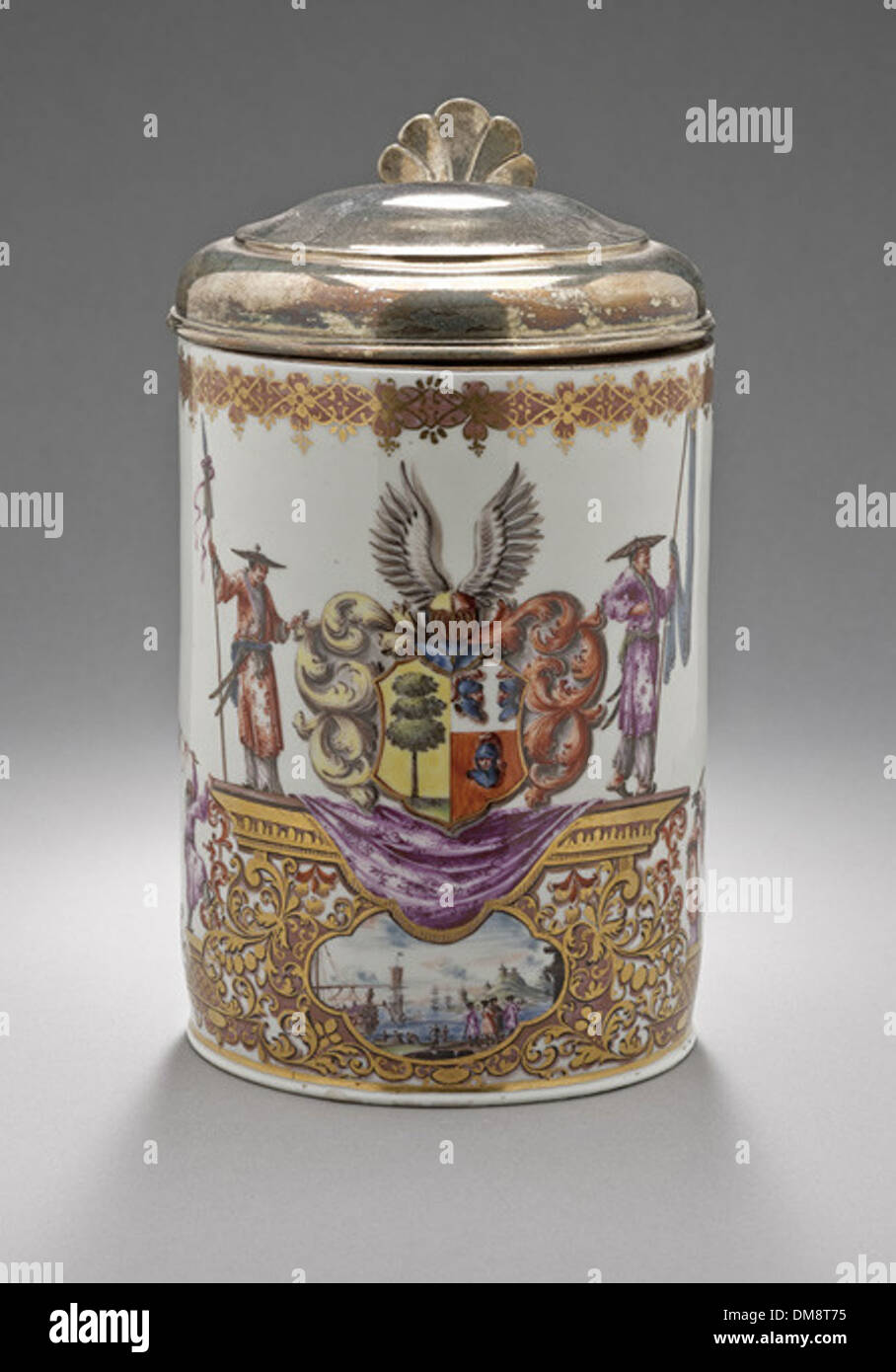 This decorative tankard features a Chinoiserie scene, a European ...