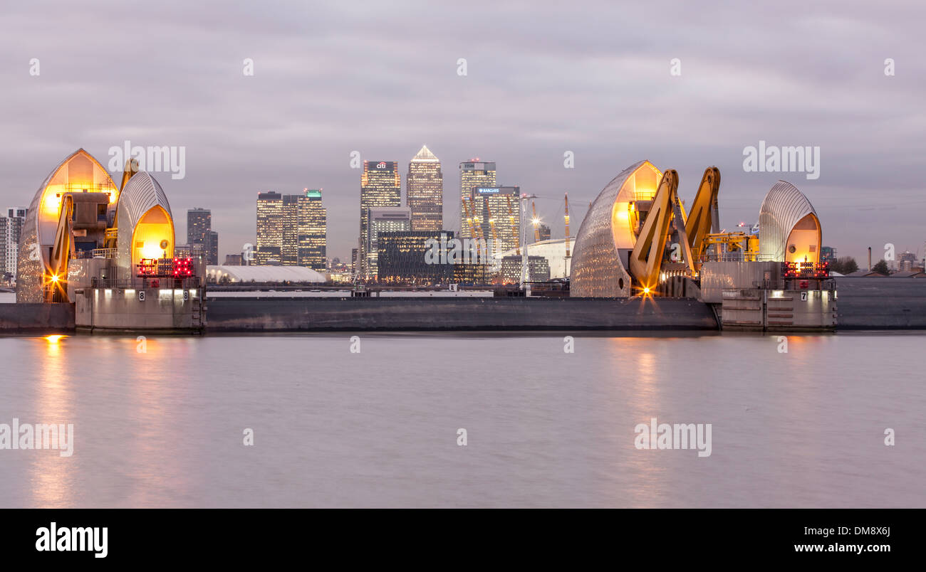 Thames Barrier in London with its barriers raised to keep out the flood ...