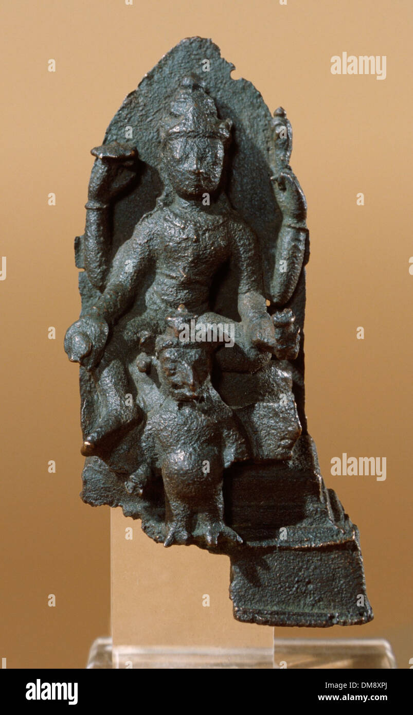 This artwork portrays the Hindu god Vishnu, riding his mount Garuda ...