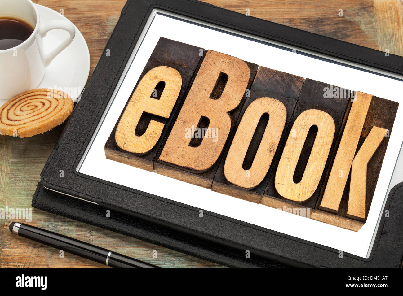 ebook (electronic book) - a word in letterpress wood type on a digital ...