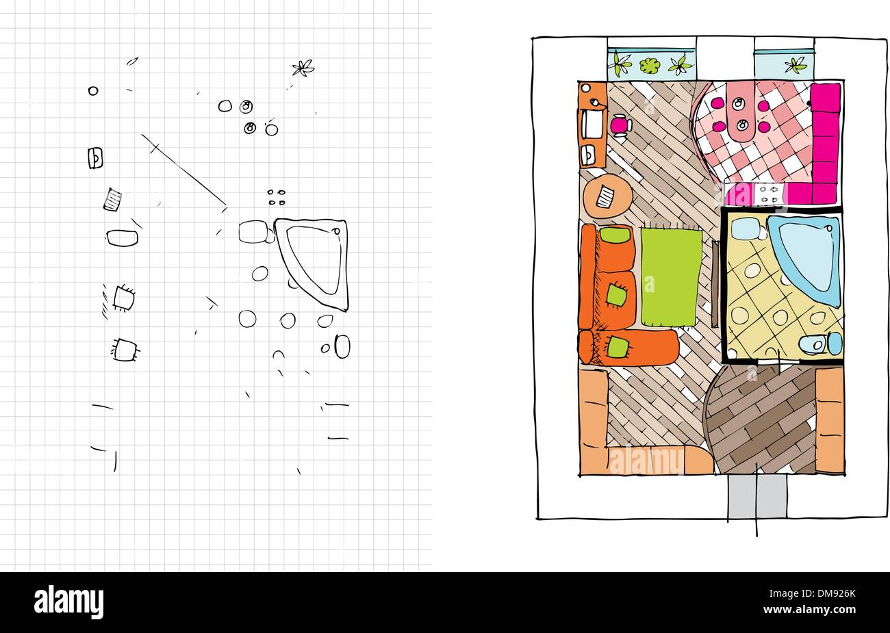 Interior design apartments - top view. Ragged lines, sketch handwork ...