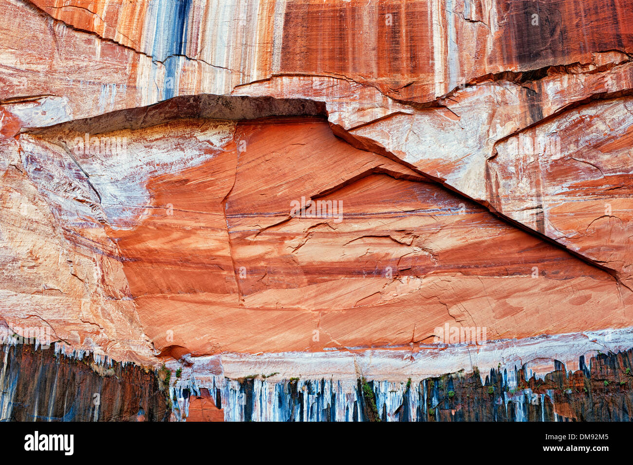 Colorful desert varnish on the sandstone walls near the Emerald Pools ...