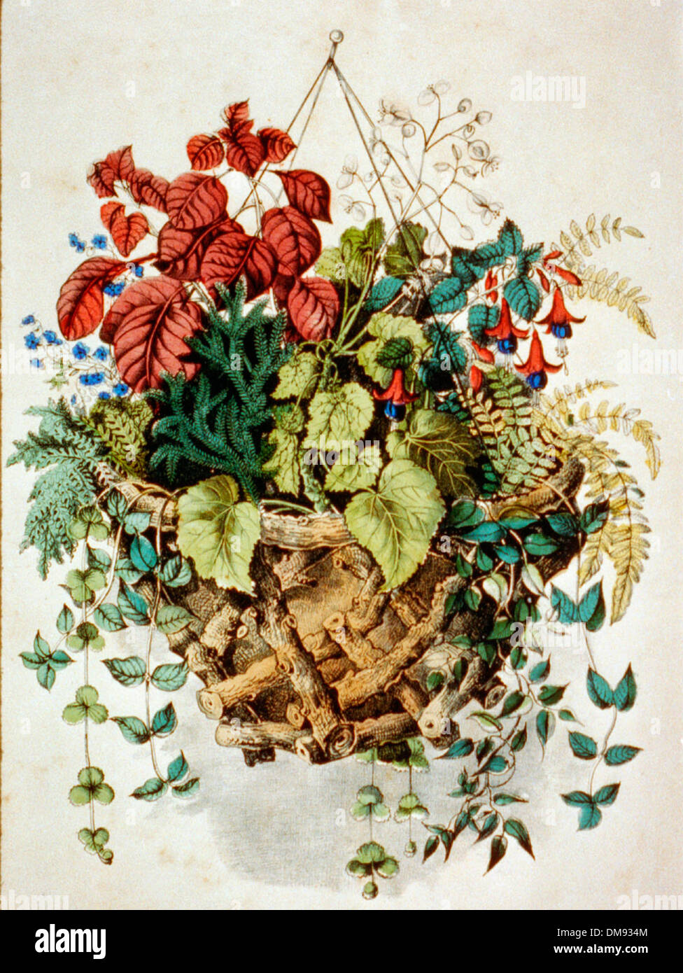 Rustic Basket - flowers and leaves in old, rustic basket, circa 1875 ...