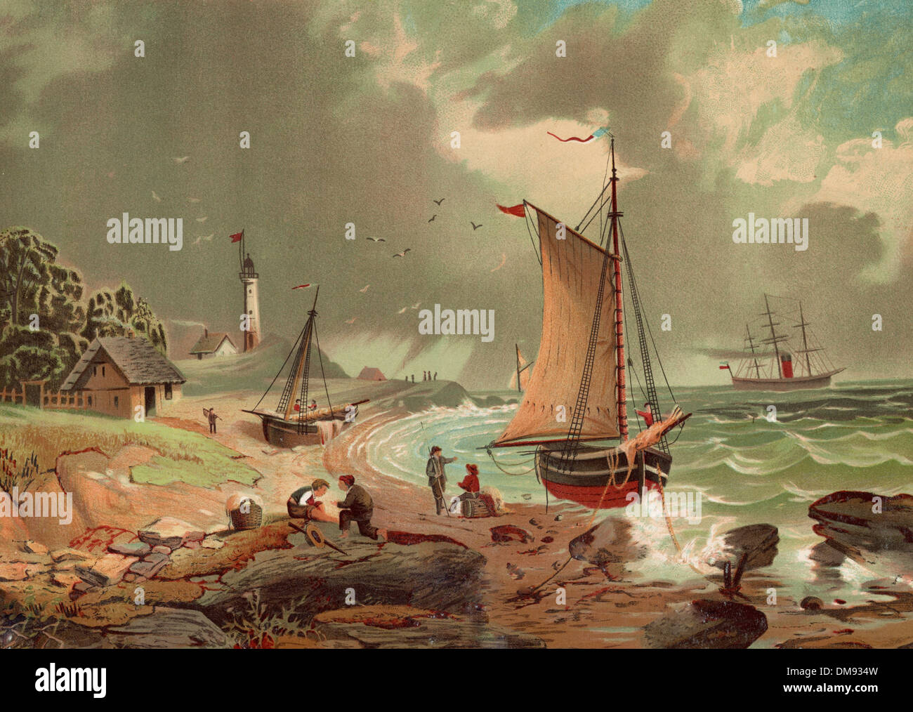 On the Seashore - ships, boys lighthouse along the shore 1882 Stock ...