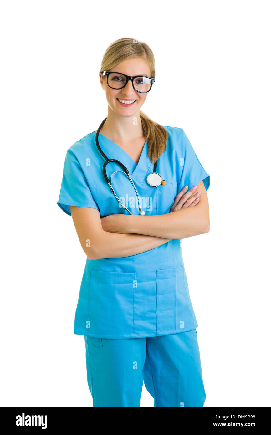 Blond caucasian woman in medical doctor suit Stock Photo - Alamy