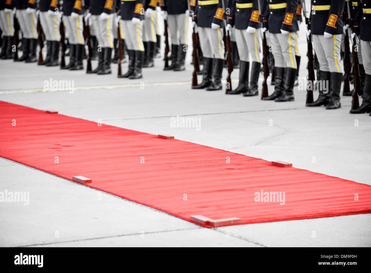 Guard of honor soldiers and red carpet during an official reception ...
