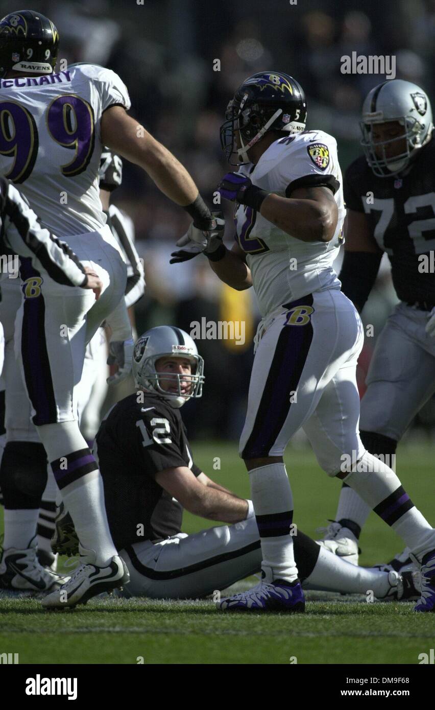Oakland Raider quarterback Rich Gannon looks up at Ray Lewis and ...