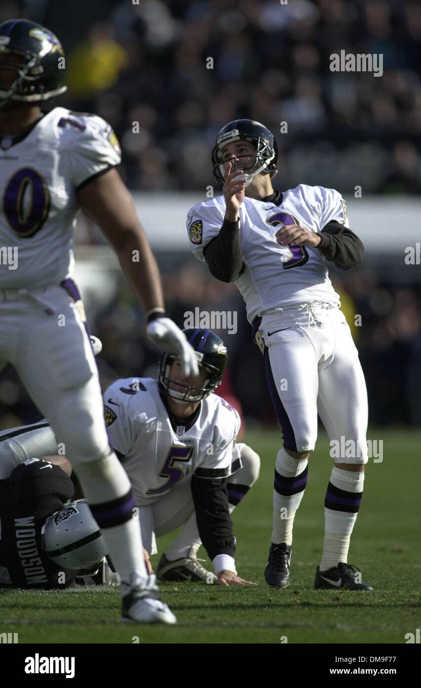 Baltimore Ravens field goal kicker Matt Stover watches his kick hit the ...