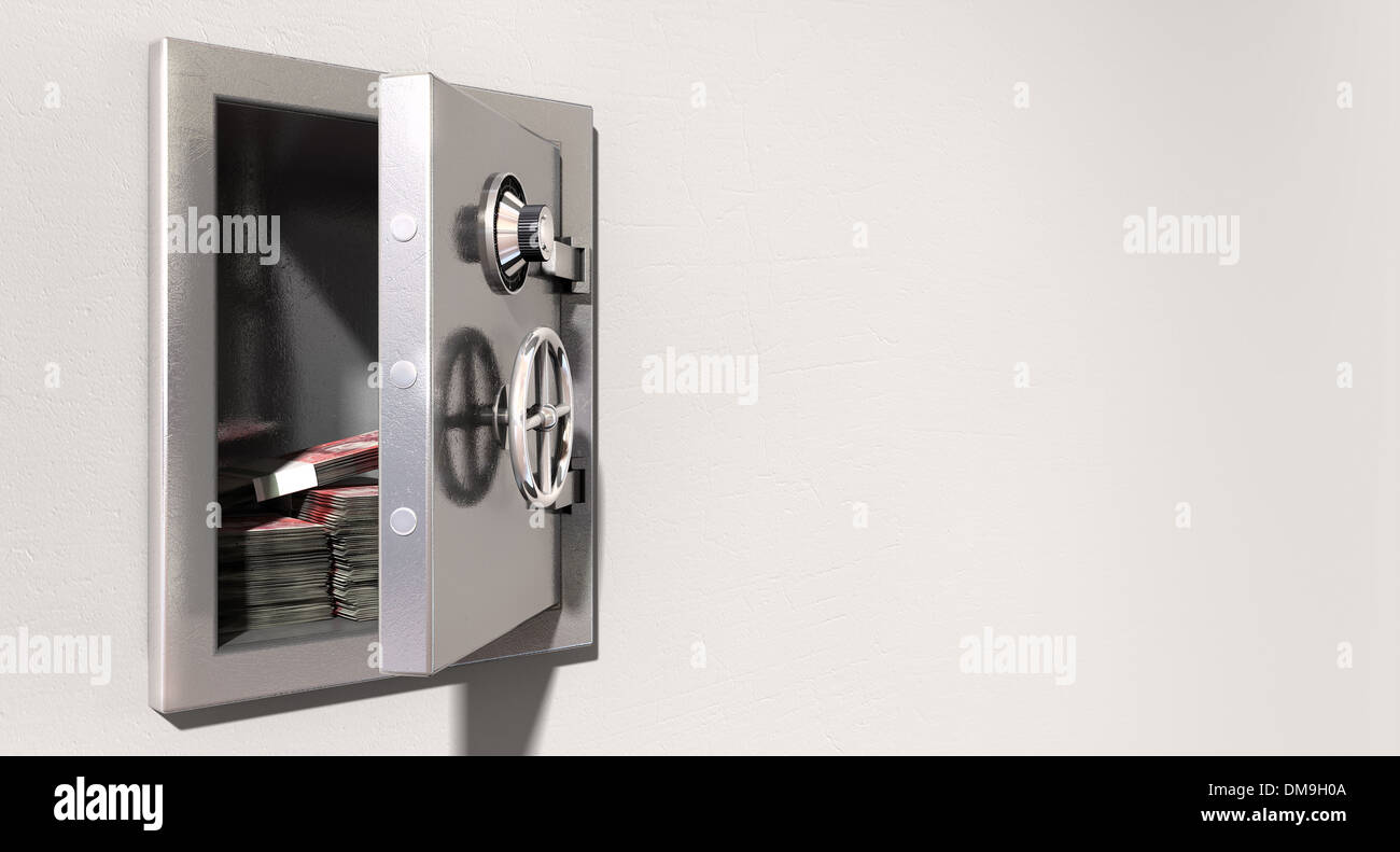 An open metal safe with bundles of british pounds on a light colored ...