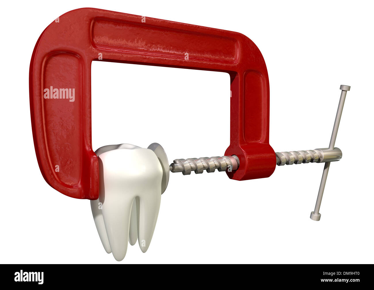 A toothache concept showing a single tooth being squeezed by a red and ...