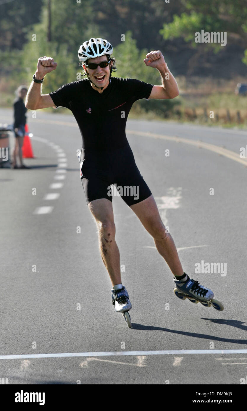 Louis Beaudoin celebrates just before he crosses the finish line first ...