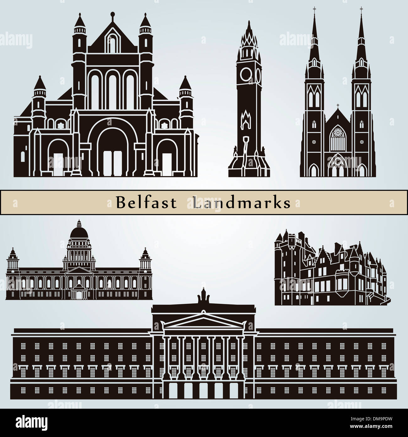Belfast landmarks and monuments isolated on blue background Stock Photo ...