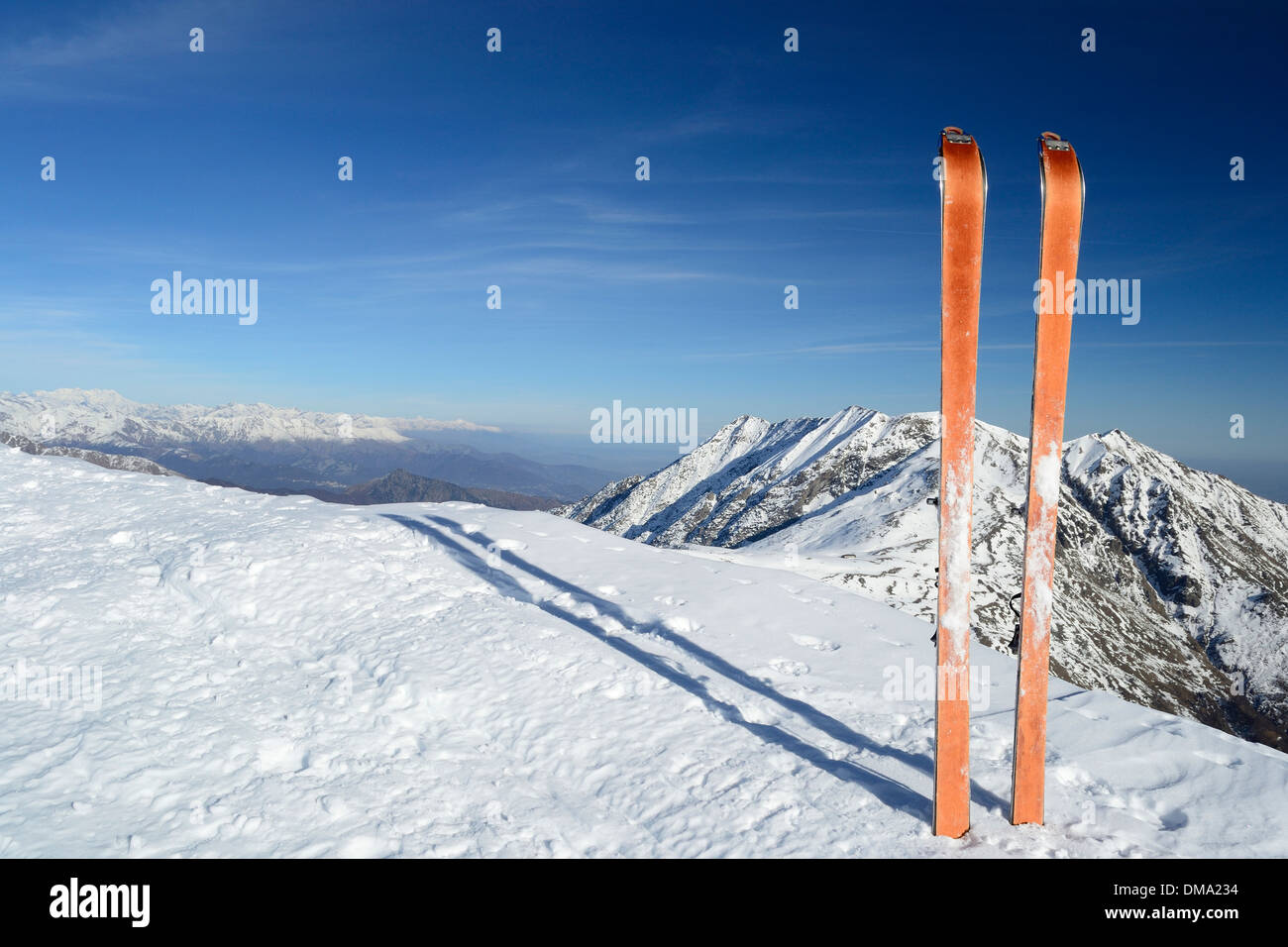 Back country ski and ski tour equipment in scenic alpine backgrounds ...