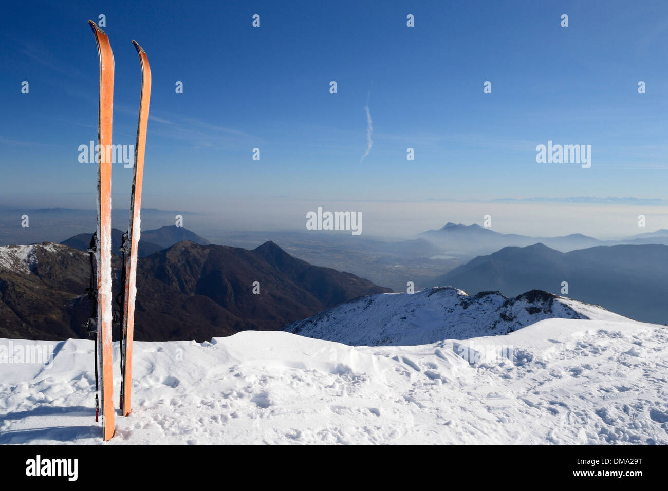 Back country ski and ski tour equipment in scenic alpine backgrounds ...