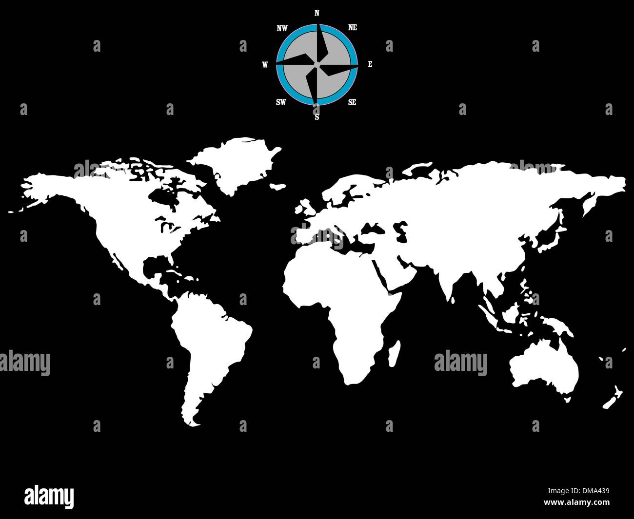 white world map with wind rose isolated on black background Stock ...