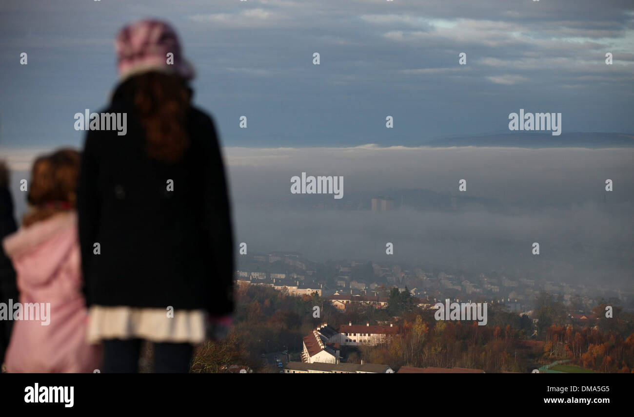 A view over Glasgow shrouded in freezing fog from the Caithkin Braes ...
