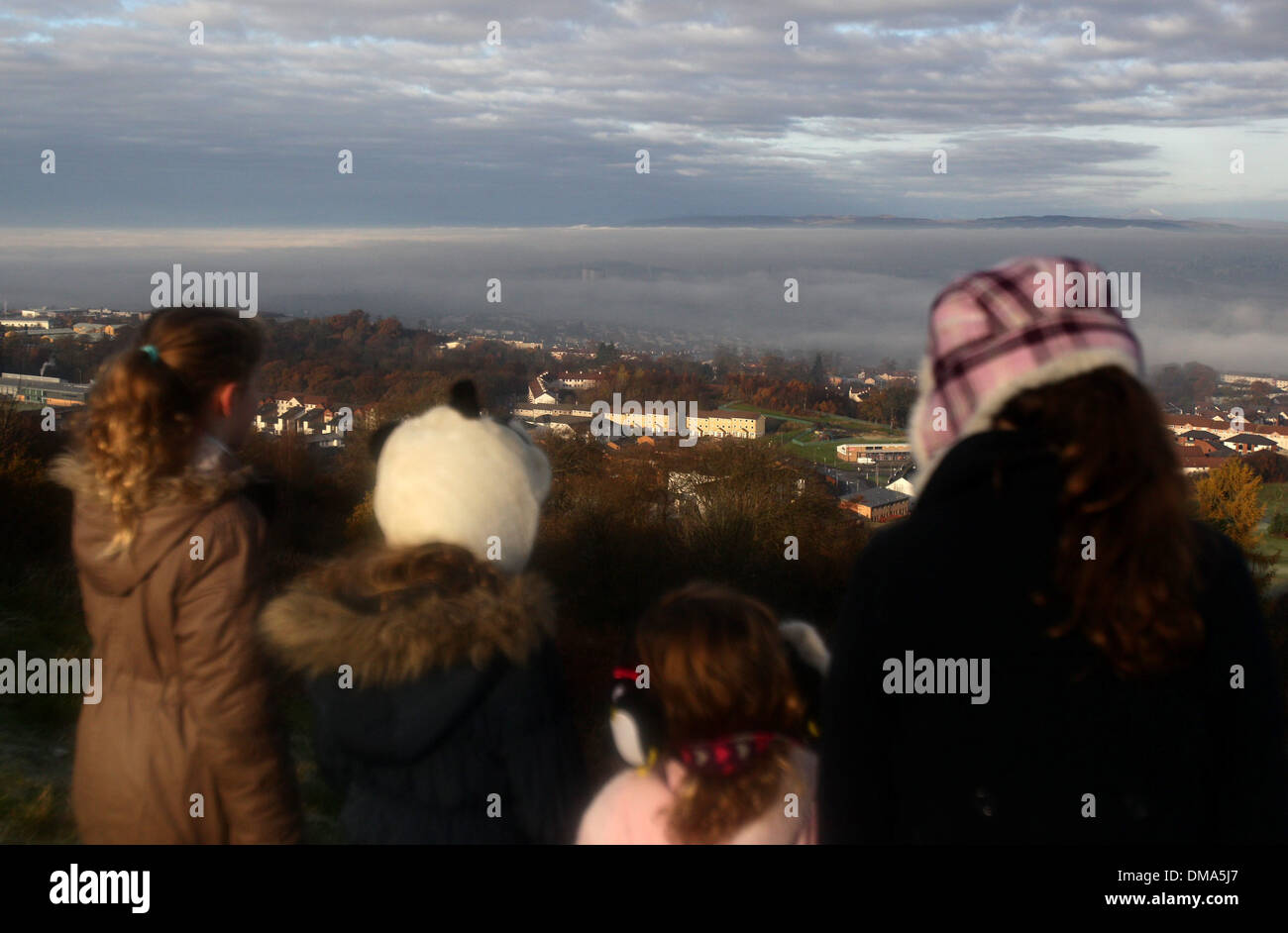 A view over Glasgow shrouded in freezing fog from the Caithkin Braes ...