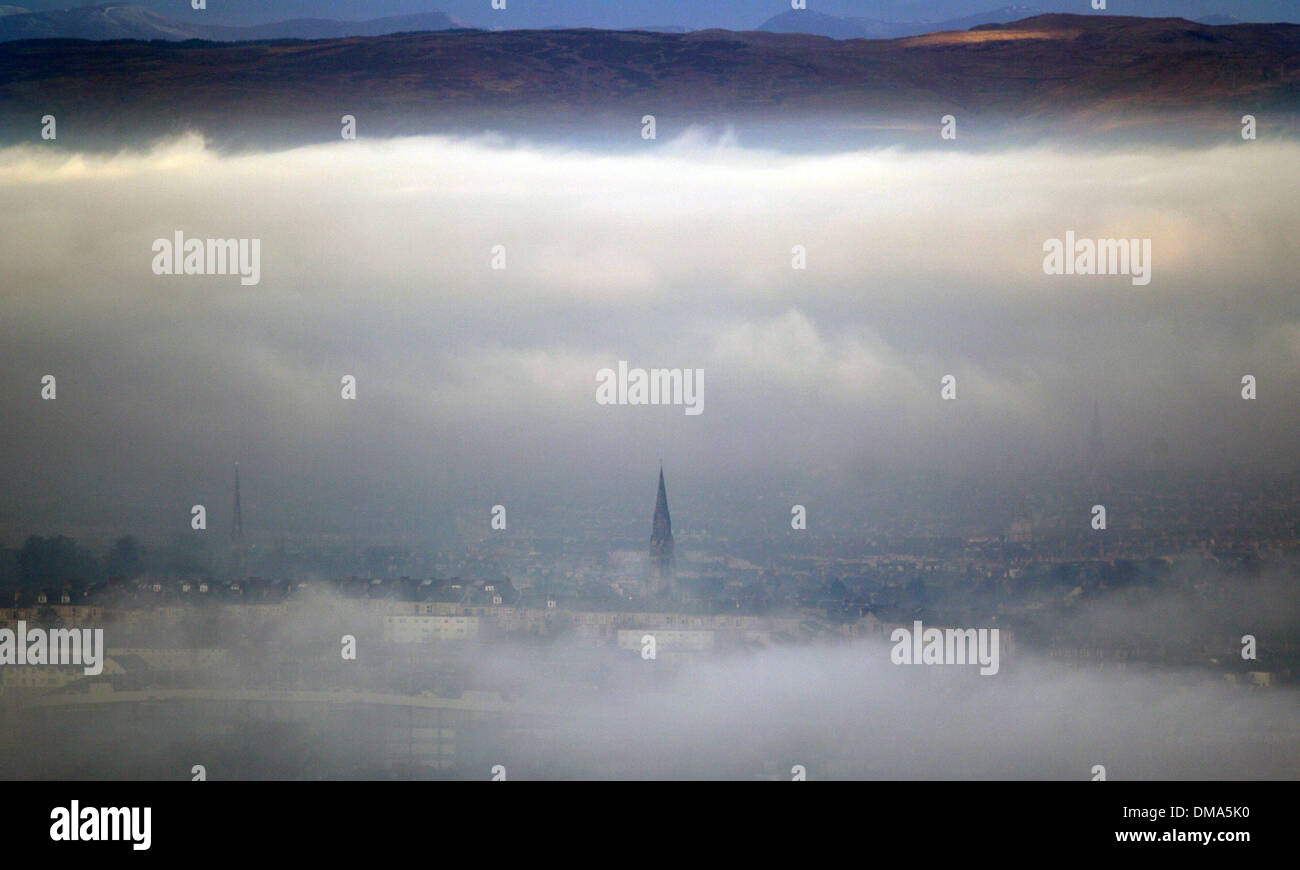 A view over Glasgow shrouded in freezing fog from the Caithkin Braes ...