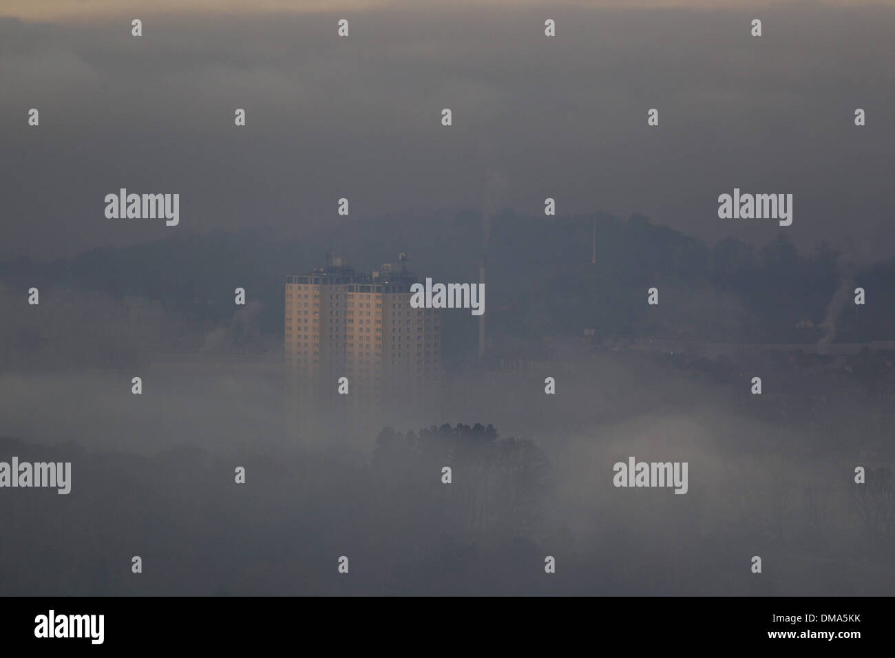 A view over Glasgow shrouded in freezing fog from the Caithkin Braes ...